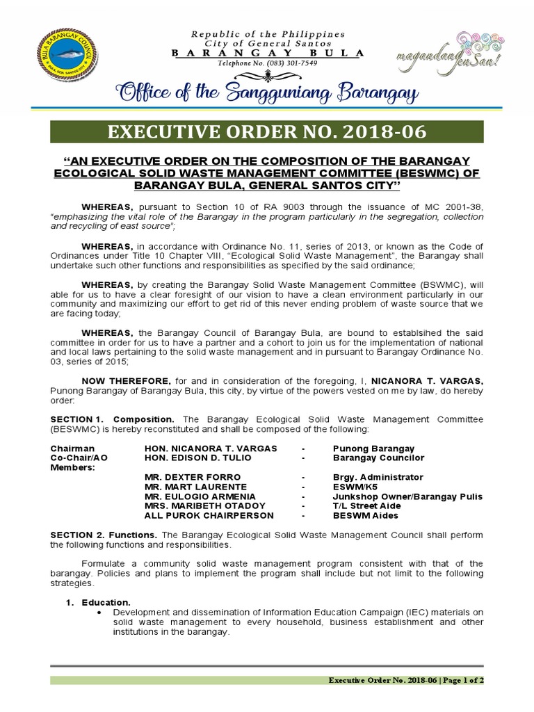 Barangay Bula Waste Management Order | PDF