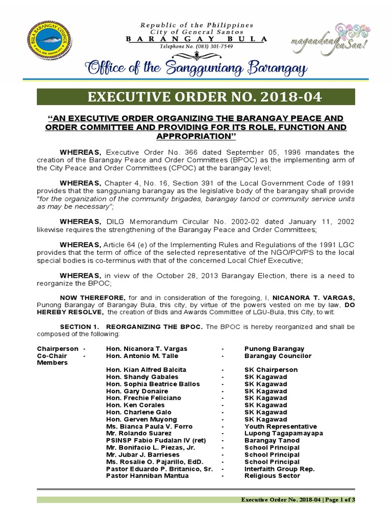 Executive Order No 2018-04 - Bpoc | PDF