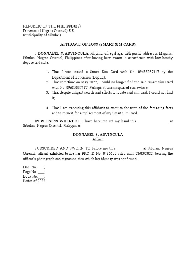 310019326-Affidavit-Of-Loss-Sim-Card - ADVINCULA2 | PDF