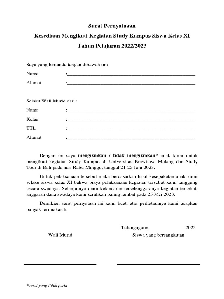Surat Pernyataaan Study Tour PDF | PDF