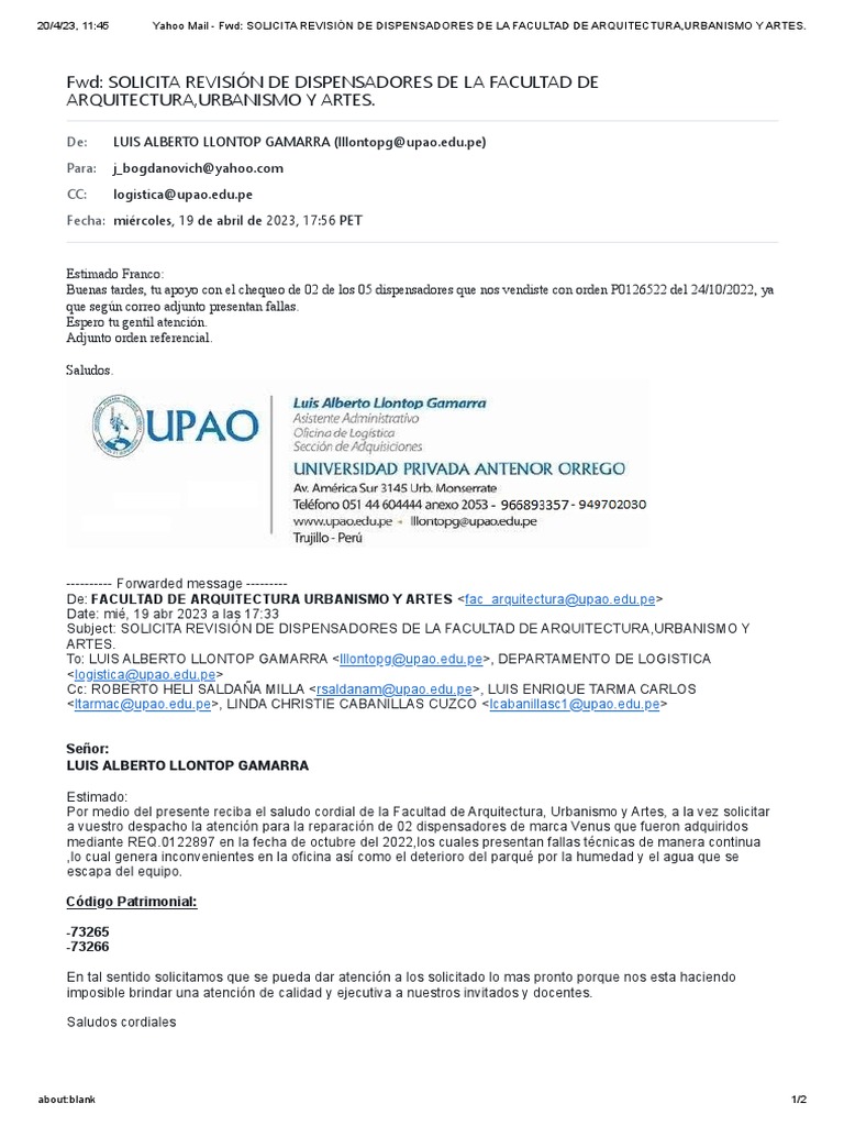 Yahoo Mail - FWD - SOLICITA REVISIÓN DE DISPENSADORES DE LA FACULTAD DE ARQUITECTURA, URBANISMO ...