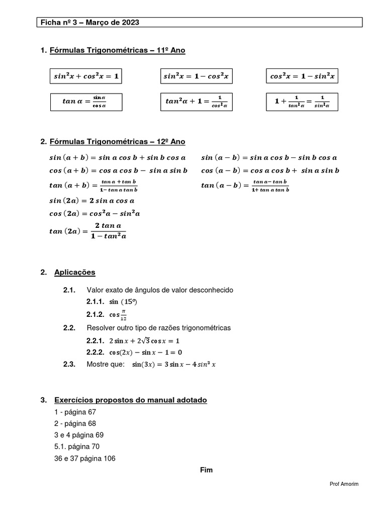 FICHA #3 - Trigonometria - Fórmulas Trigonométricas - 12º Ano PDF | PDF