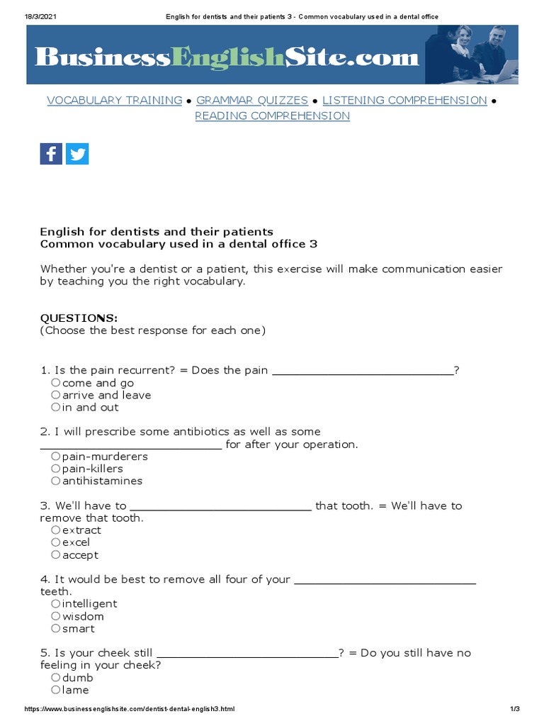 English For Dentists and Their Patients 3 - Common Vocabulary Used in A ...