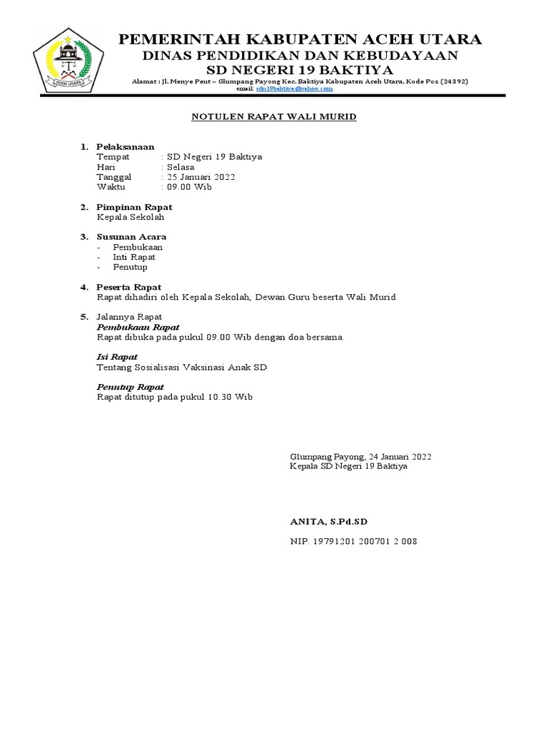 Berita Acara Atau Notulen Rapat Wali Murid Sd Pdf