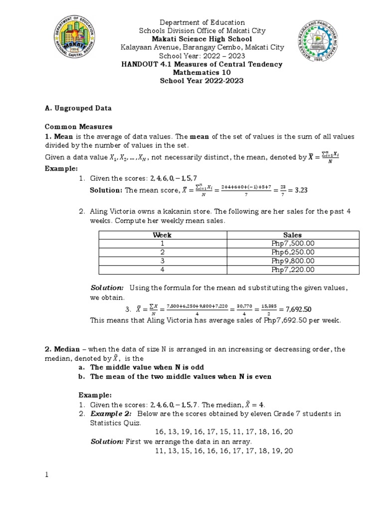 Handout 4.1 Measures of Central Tendency PDF | PDF