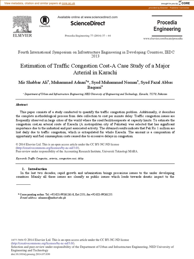 Estimation of Traffic Congestion Cost-A Case Study of A Major Arterial in Karachi | PDF ...