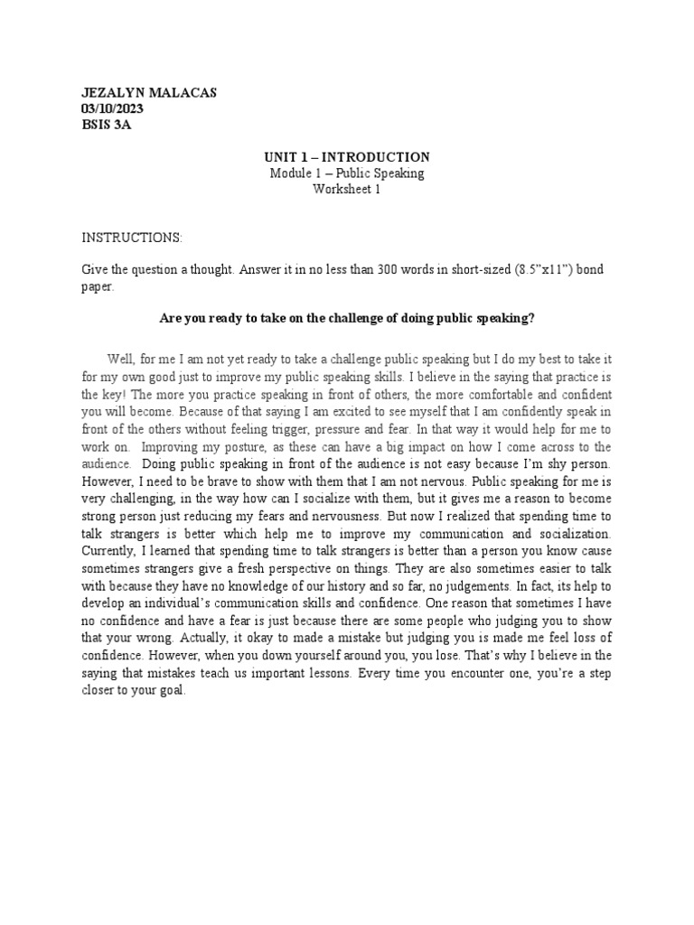 Worksheet 1 | PDF | Public Speaking | Communication