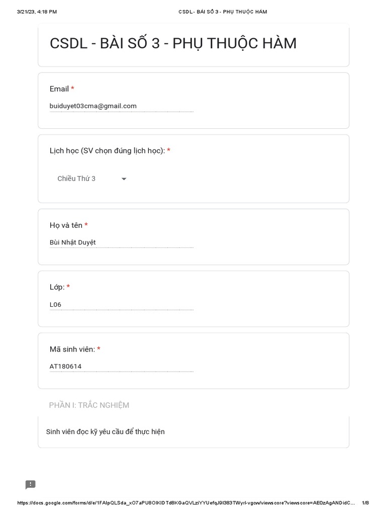 CSDL - BÀI SỐ 3 - PHỤ THUỘC HÀM PDF | PDF