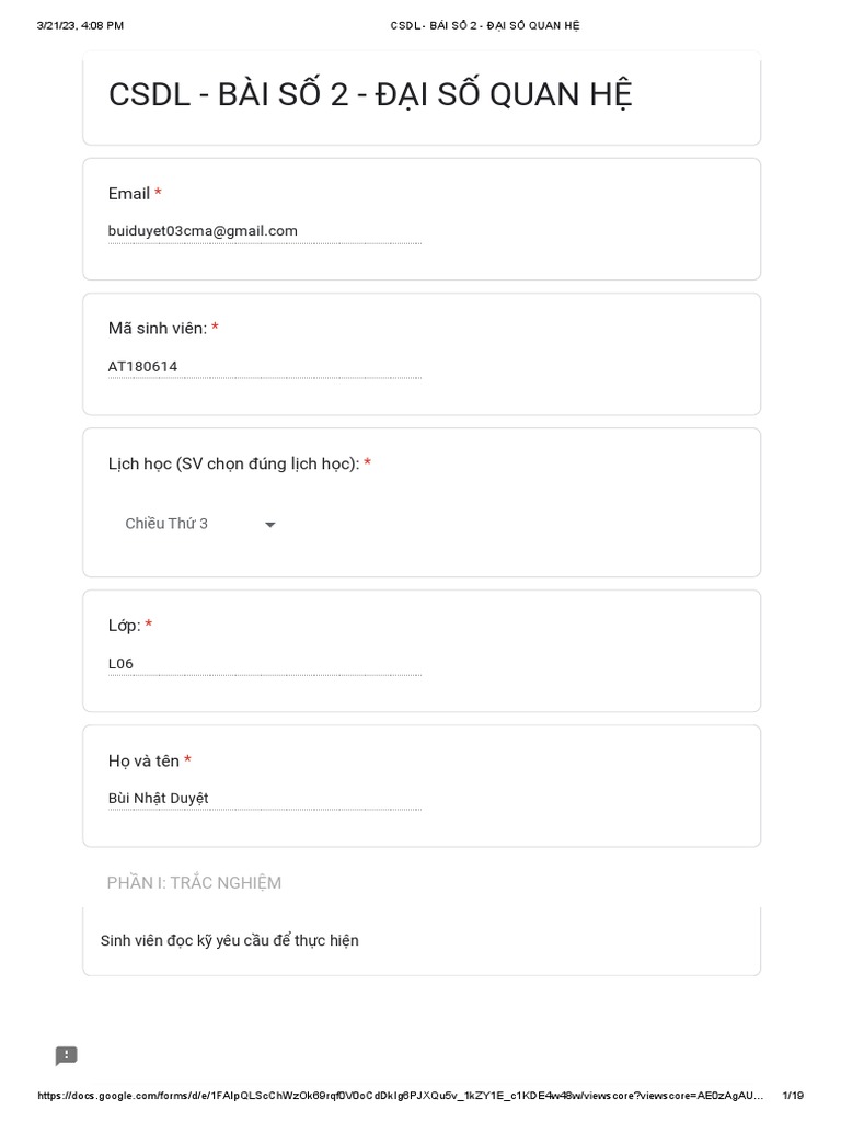 CSDL - BÀI SỐ 2 - ĐẠI SỐ QUAN HỆ.pdf | PDF