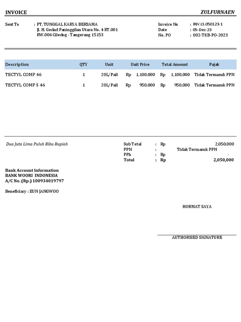 Invoice PT. Tunggal Karya Bersama | PDF