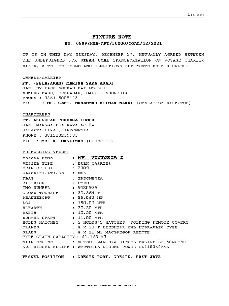 Fixture Note PT MSA-PT Anugerah Perdana MV VICTORIA I | PDF