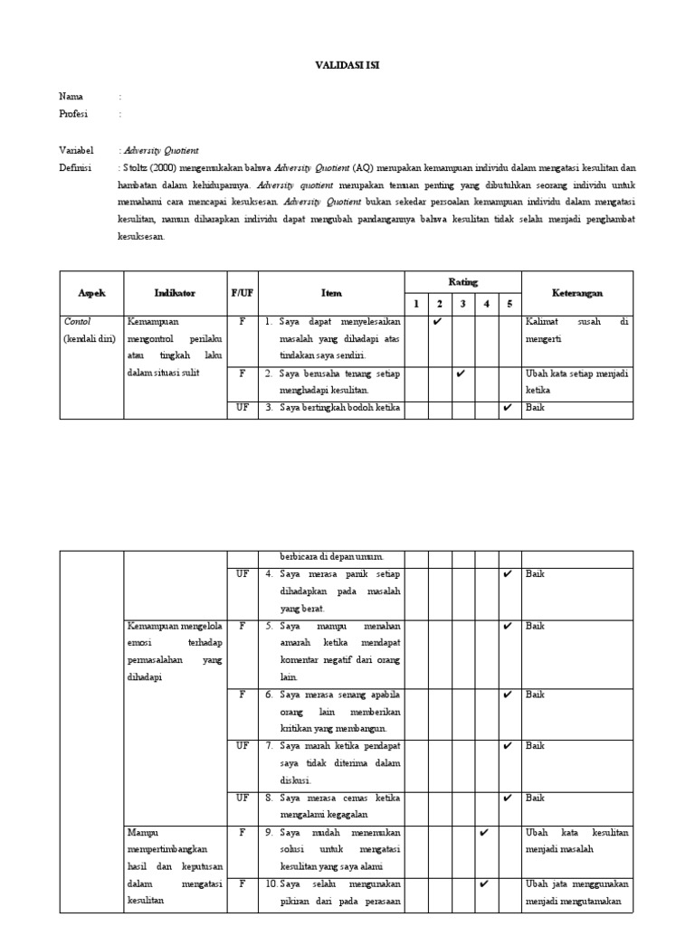 Validasi Isi Alat Ukur Non Kognitif (Putri) | PDF