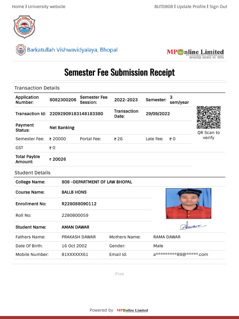 UTD Semester Fee Receipt Aman PDF | PDF