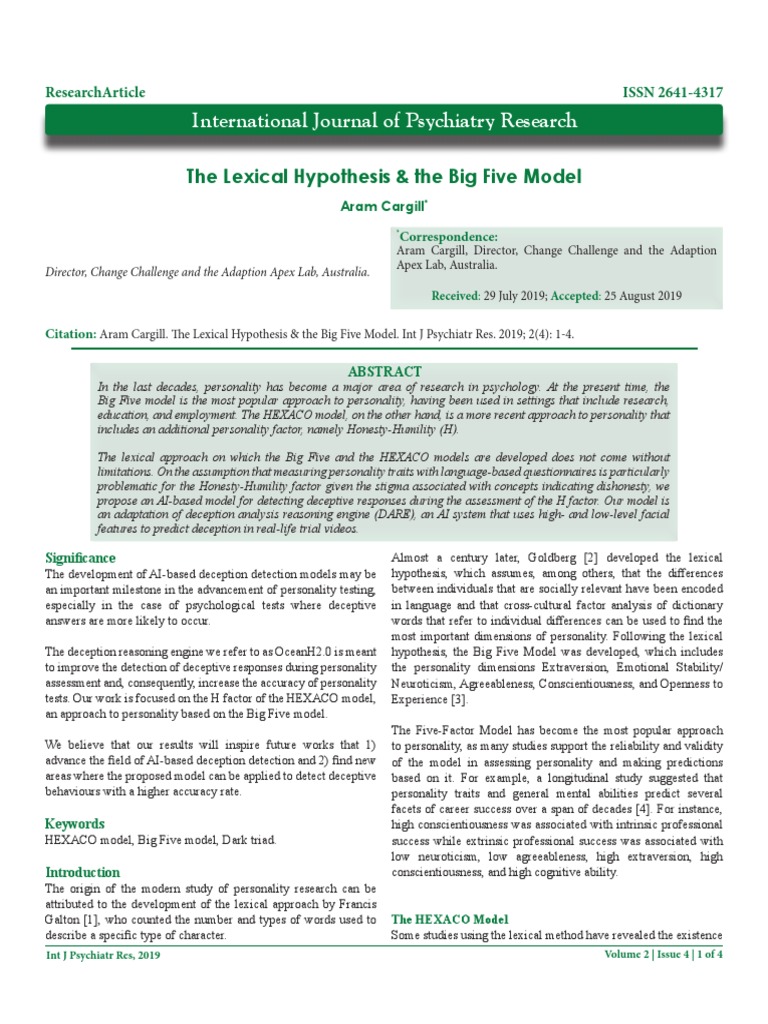 The Lexical Hypothesis The Big Five Model 867 PDF | PDF | Personality Traits | Cognitive Science