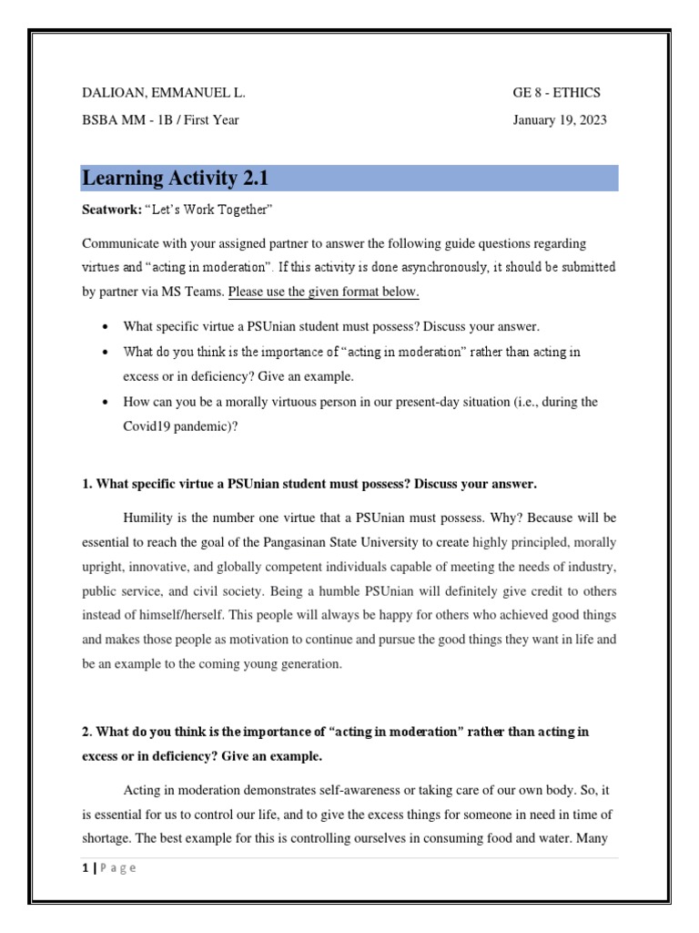 GE 8 ETHICS - MODULE 4 ACTIVITY 2.1 and 2.2 PDF | PDF | Bible | Virtue