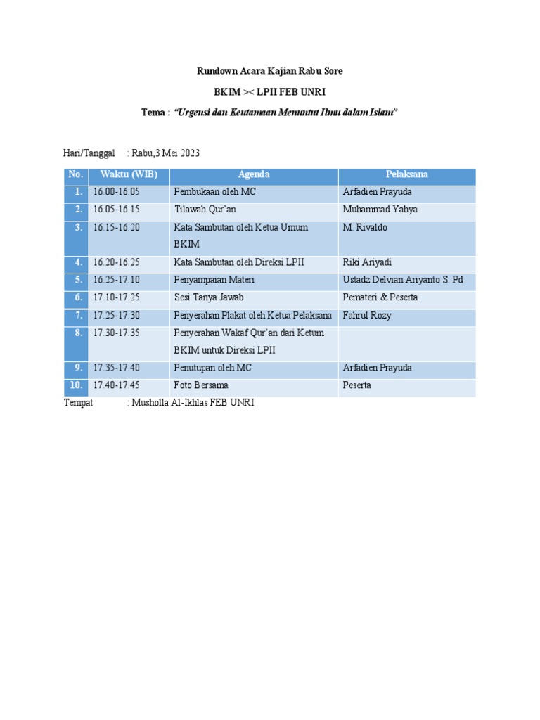 Rundown Acara Kajian Rabu Soree | PDF