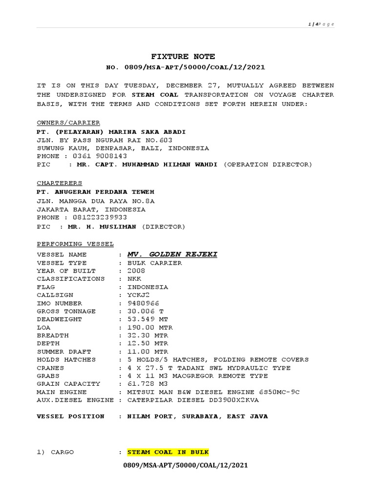 Fixture Note PT MSA-PT Anugerah Perdana MV GOLDEN REJEKI | PDF | Cargo ...