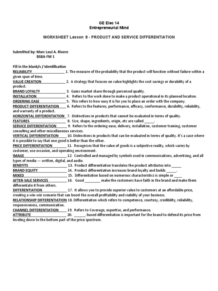 WORKSHEET GE ELEC 14 - LESSON 8 - Marc Loui A. Rivero | PDF | Brand | Reliability Engineering