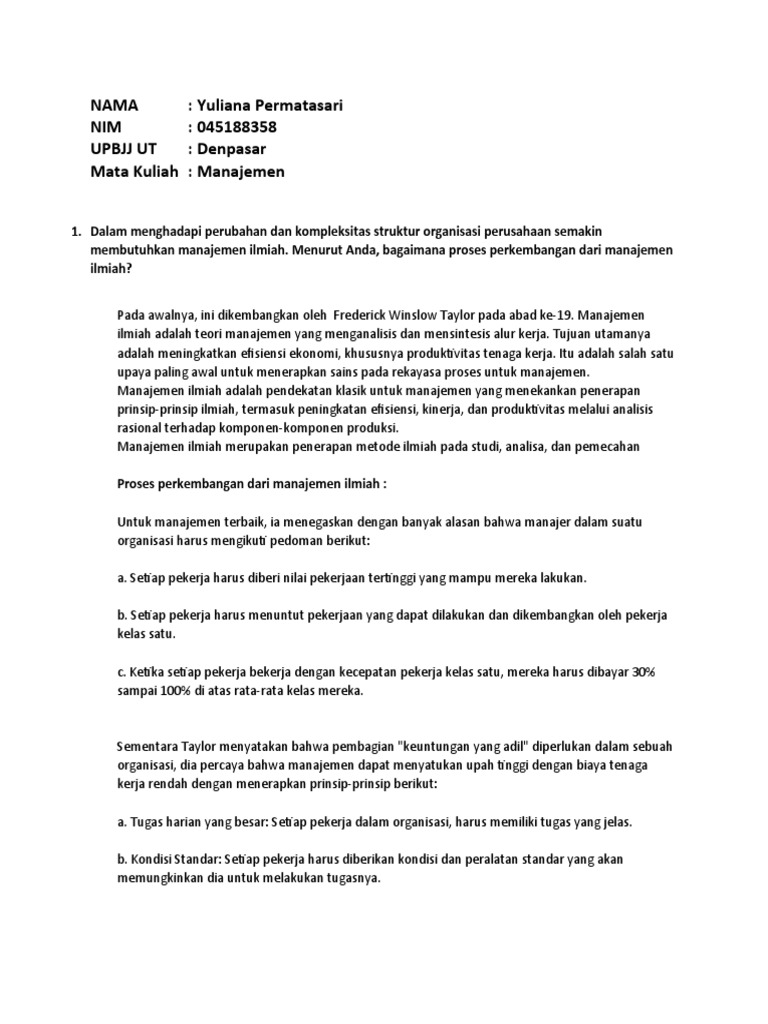TUGAS 1 - Manajemen YULIANA PERMATASARI 045188358 | PDF