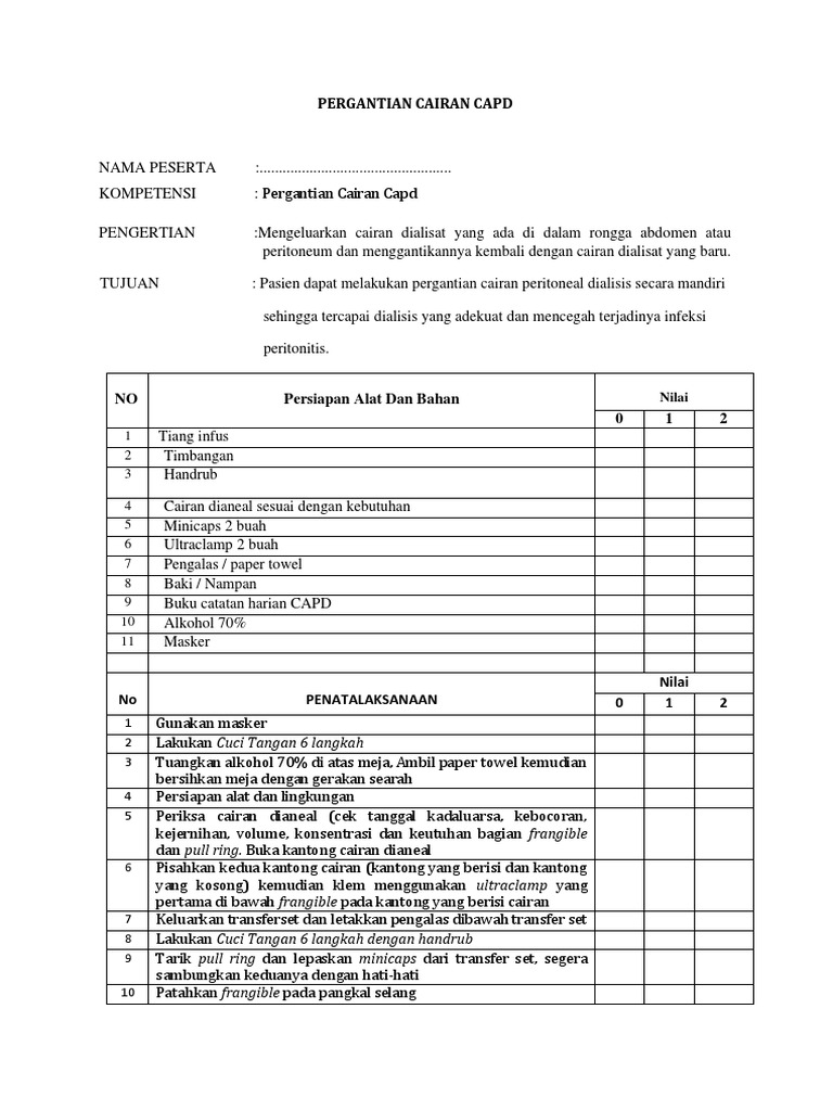 Daftar Cek List Tindakan CAPD PDF | PDF