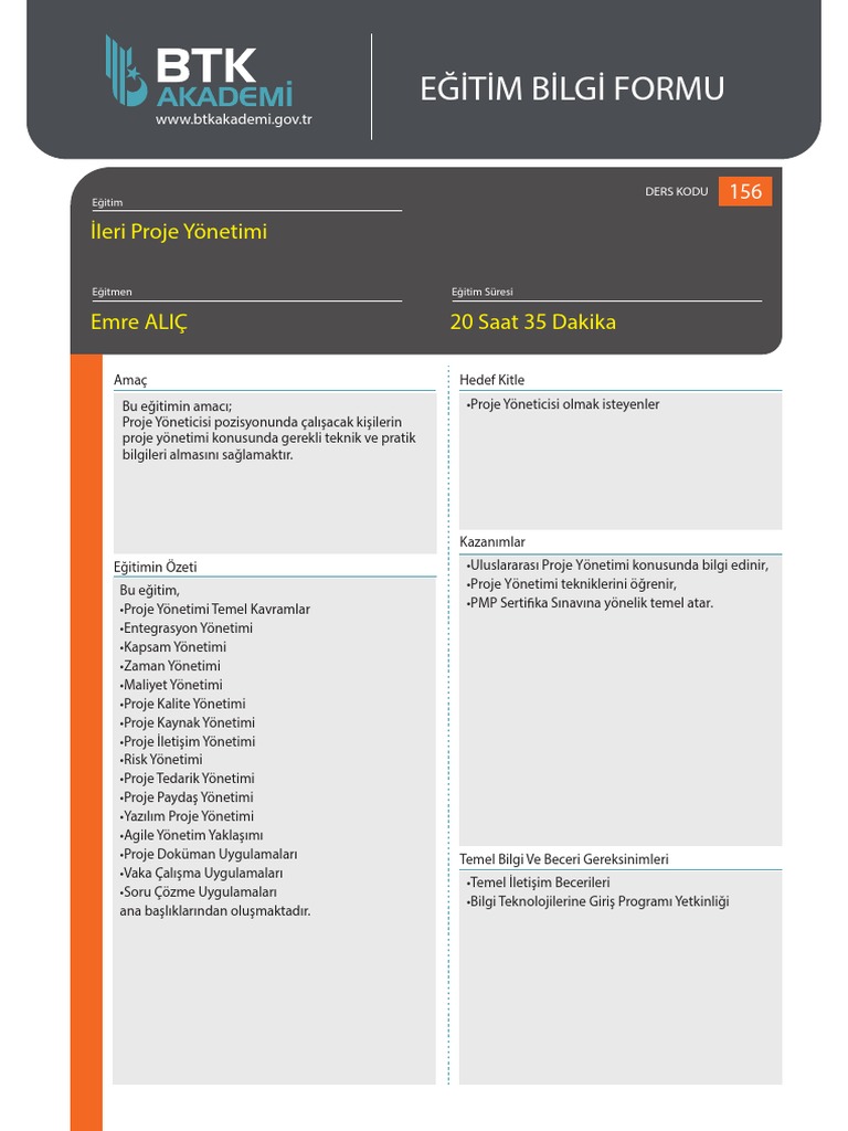 Ileri Proje Yönetimi Egitimi Bilgi Formu | PDF