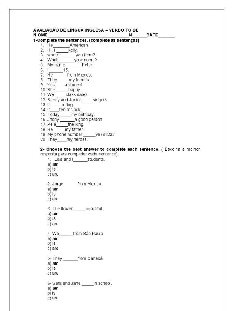 AVALIAÇÃO Verbo To Be | PDF