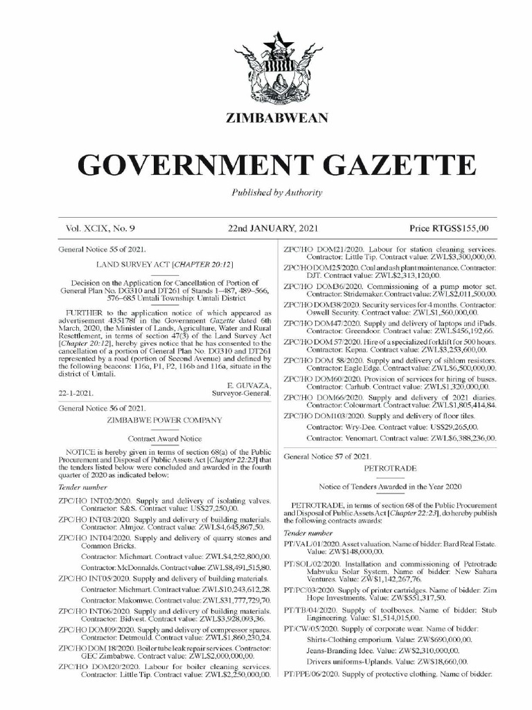 ZW Government Gazette Dated 2021 01 22 No 9 PDF | PDF