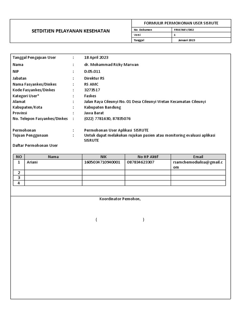 CONTOH Form Permohonan User SISRUTE 2023 | PDF