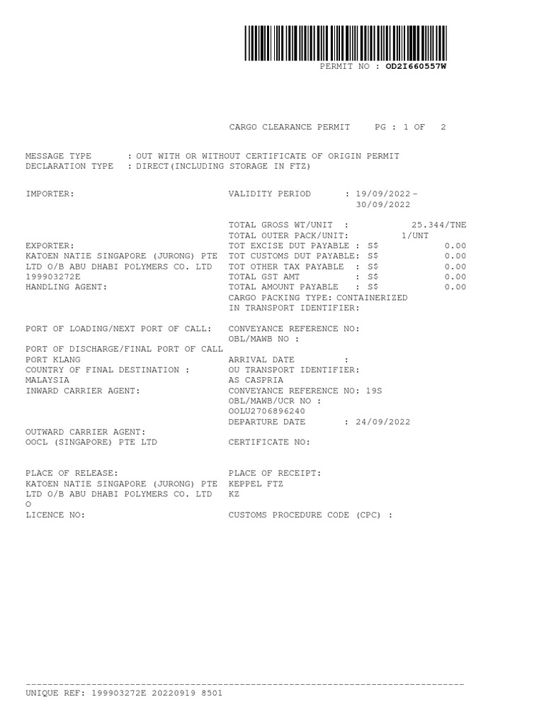Cargo clearance permit for ethylene butene copolymer export | PDF ...