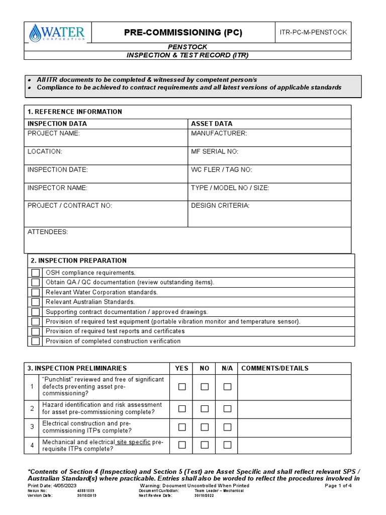 Penstock Pre Commissioning ITP | PDF