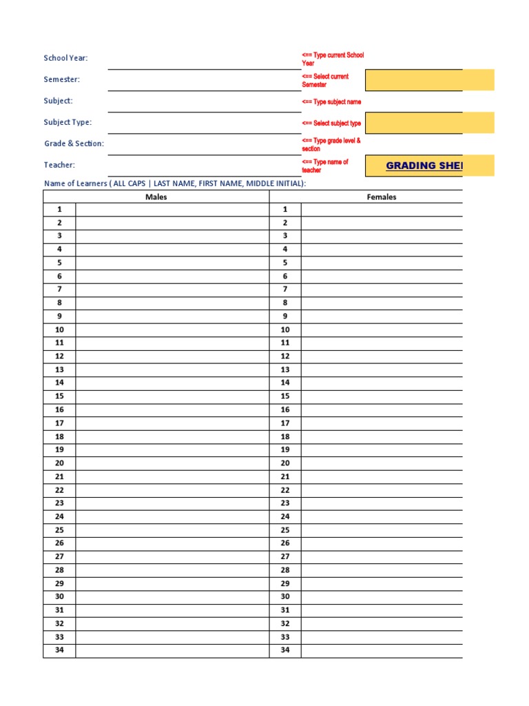 Senior High School Grading Sheet Template | PDF