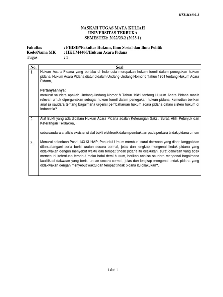 Soal Hkum4406 tmk1 3 PDF | PDF