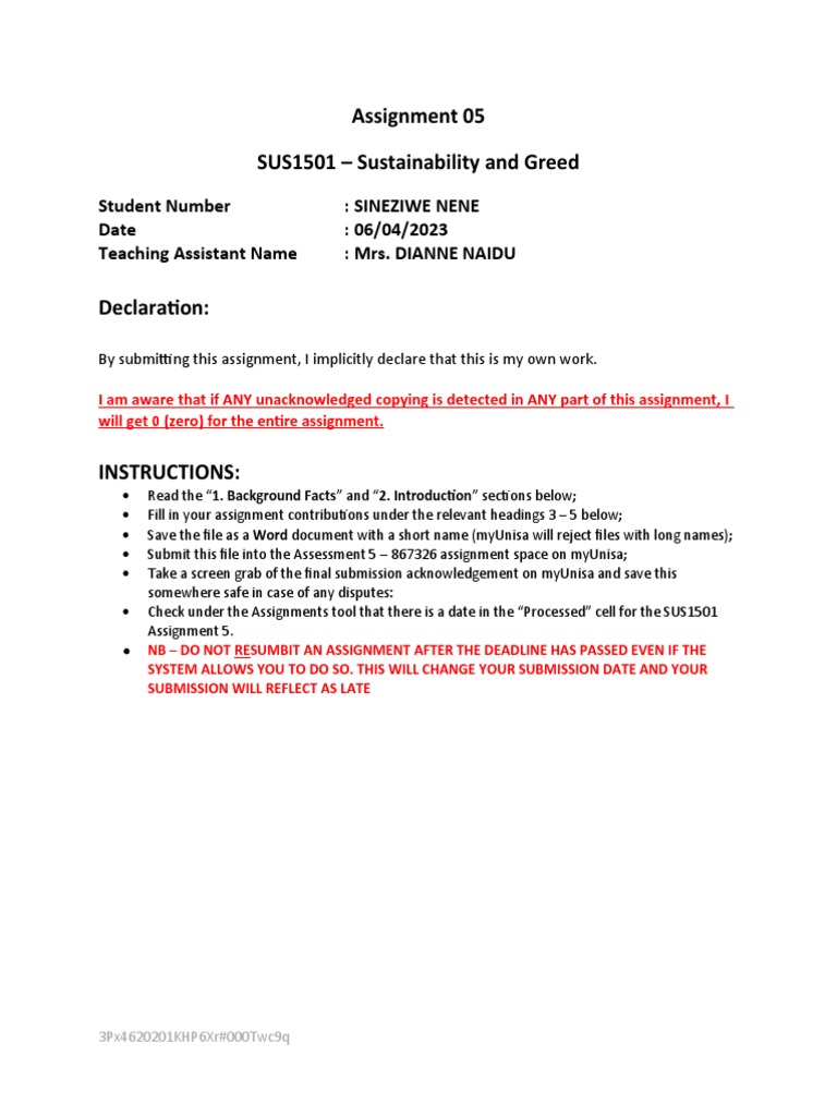 Assignment 05 SUS1501 - Sustainability and Greed | PDF