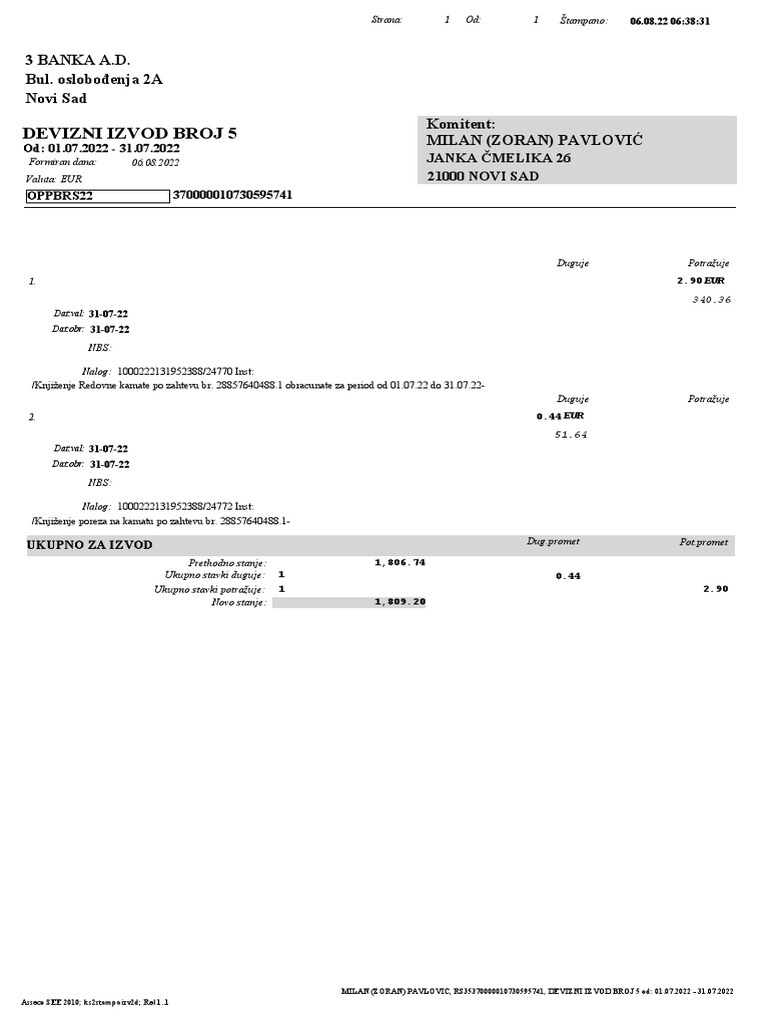 Devizni Izvod za Juli 2022 | PDF