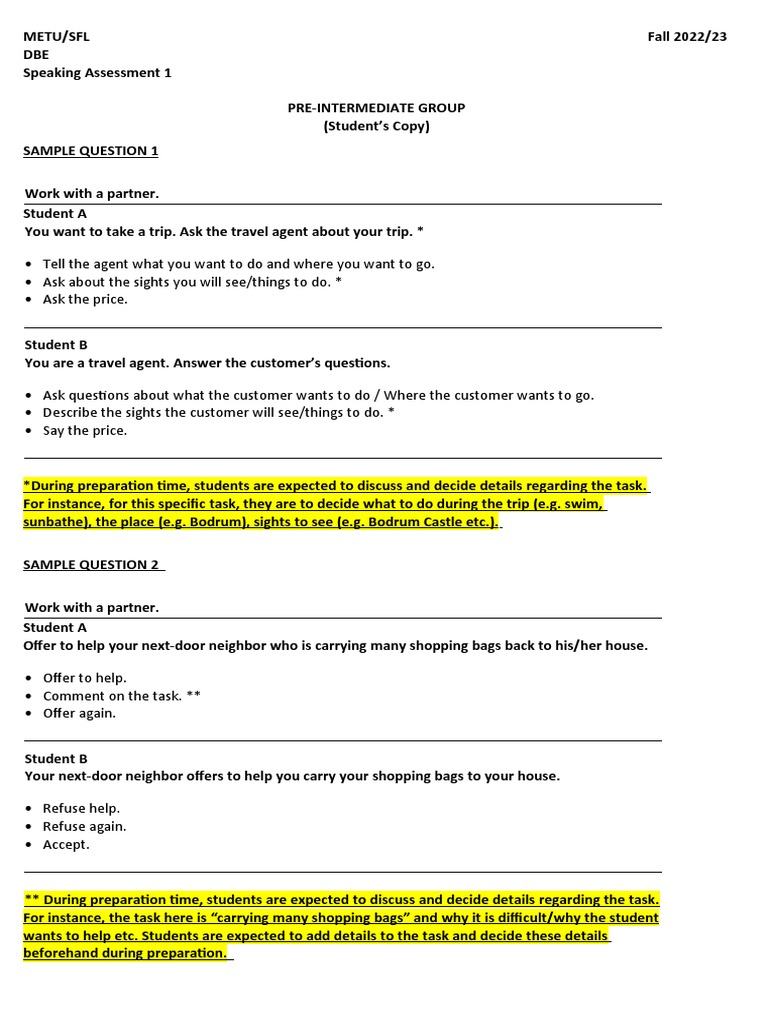 Pre-Intermediate Speaking Assessment Guide | PDF