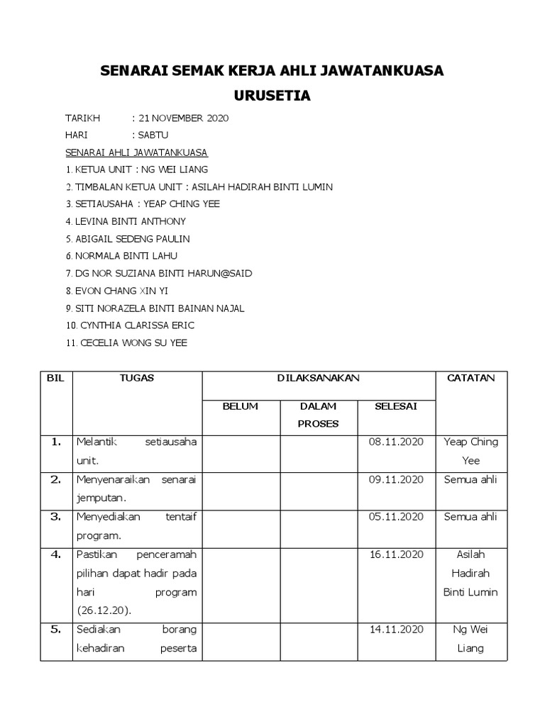 Senarai Semak Kerja Ahli Jawatankuasa Urusetia | PDF