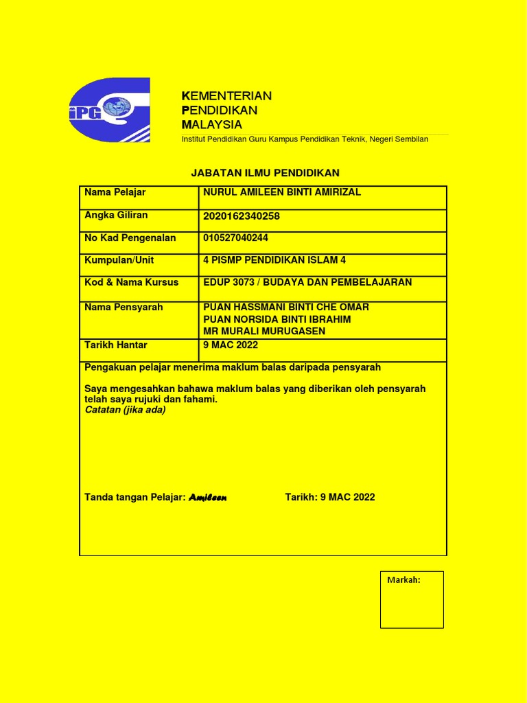 Edup 3073-Laporan Temubual Tugasan 1-Nurul Amileen Binti Amirizal-Pi4 | PDF