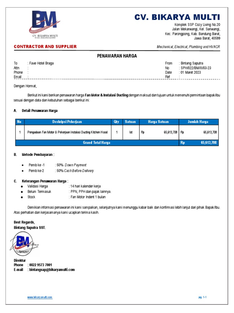 SPH-022-BM-III-2023 - Fave Hotel Braga - Pengadaan Fan Motor Ducting & Instalasi Ducting PDF | PDF