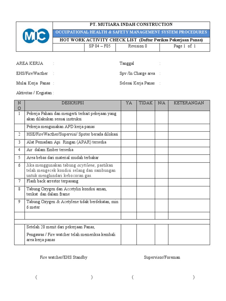 Check List Hot Work Activity | PDF