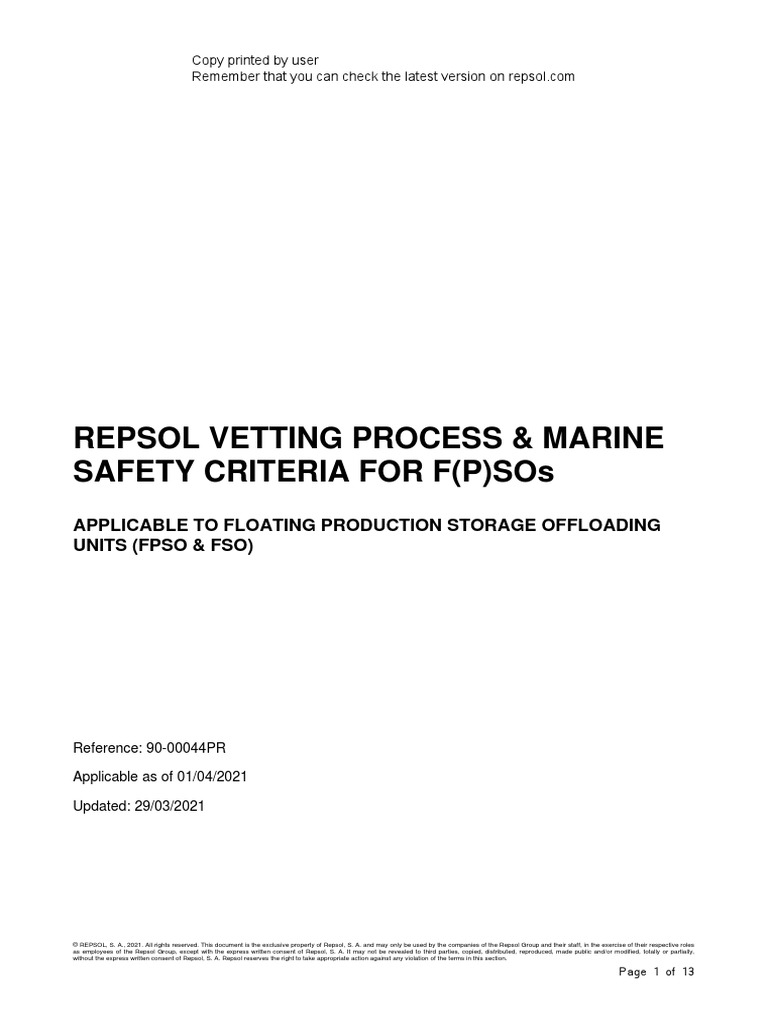 Repsol Vetting Process and Marine Safety Criteria For F (P) SOs | PDF ...