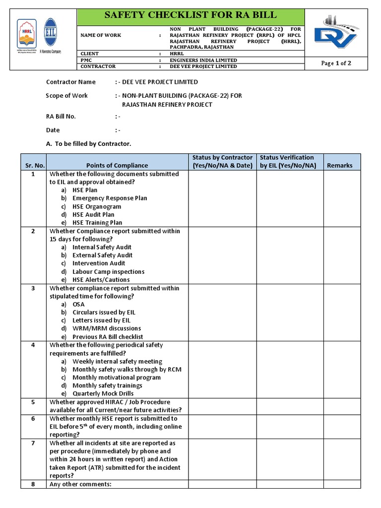 RA Bill-Safety Checklist PDF | PDF | Audit | Business