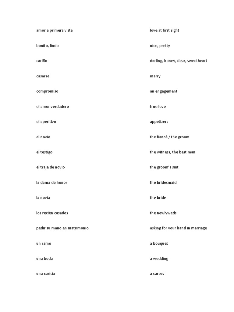 Vocabulario del Amor y Bodas | PDF