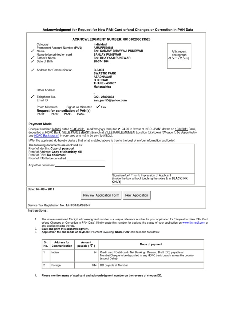 Acknowledgment For Request For New PAN Card or | PDF | Cheque | Payments
