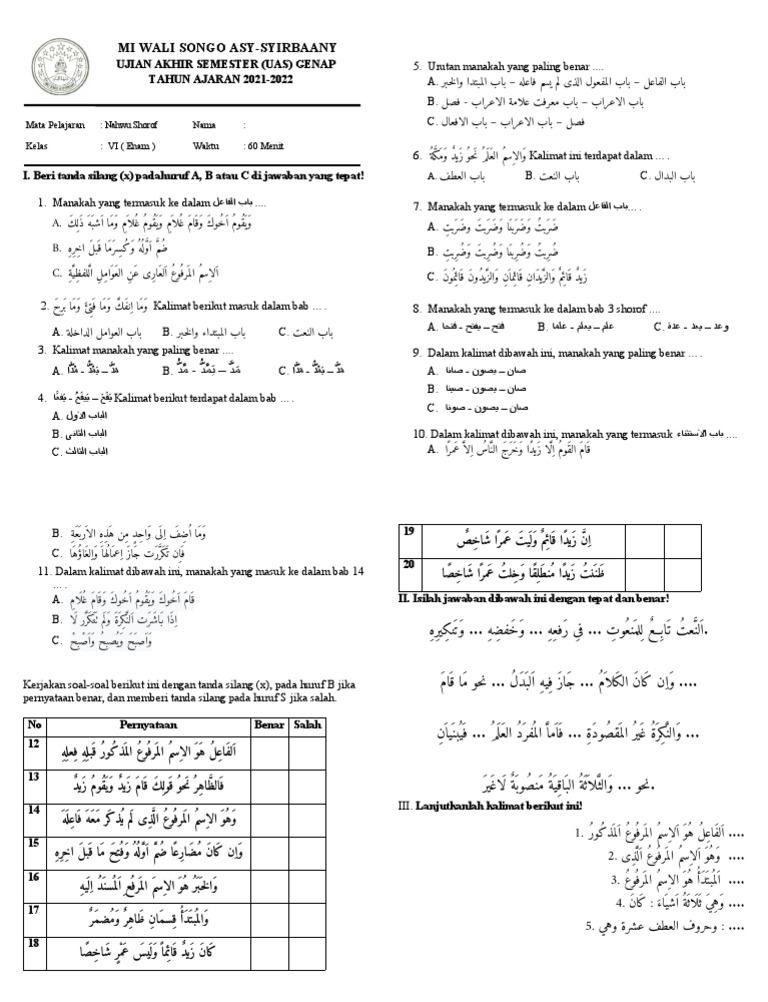 Uts Nahwu Kelas 6 | PDF