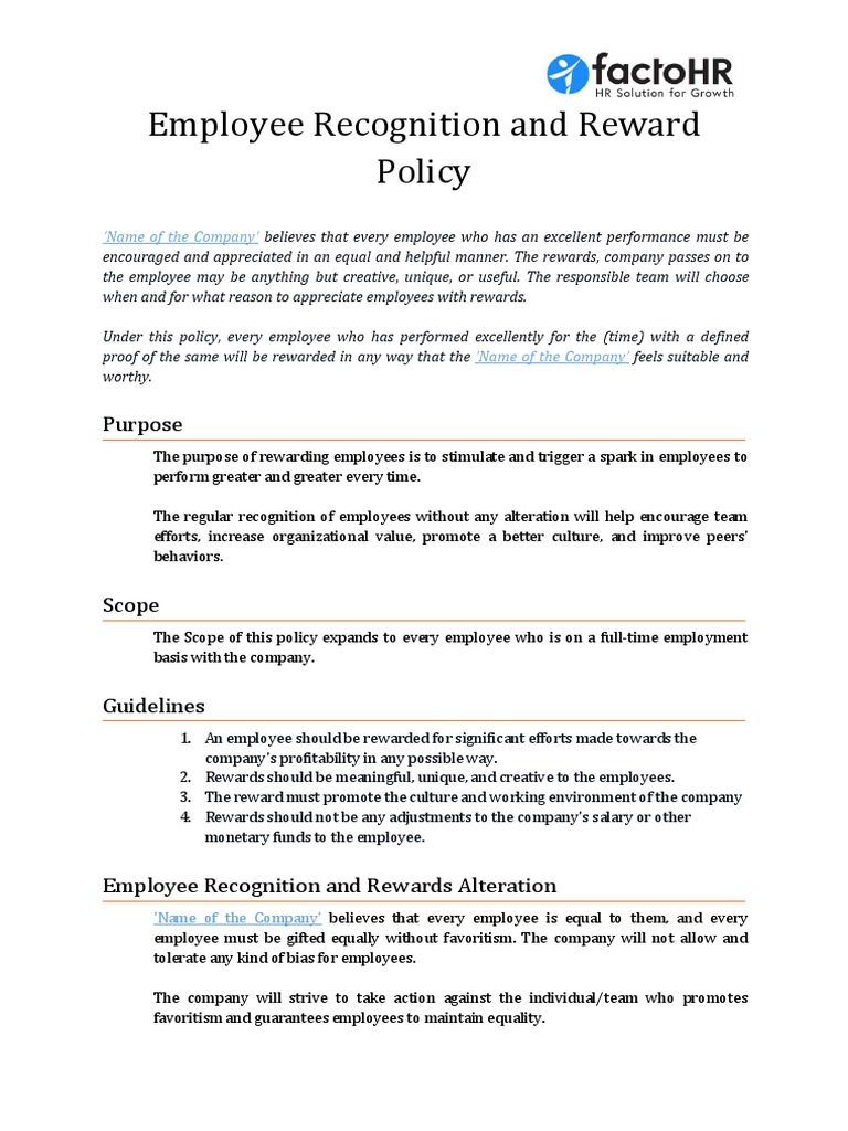 Employee Recognition and Reward Policy | PDF