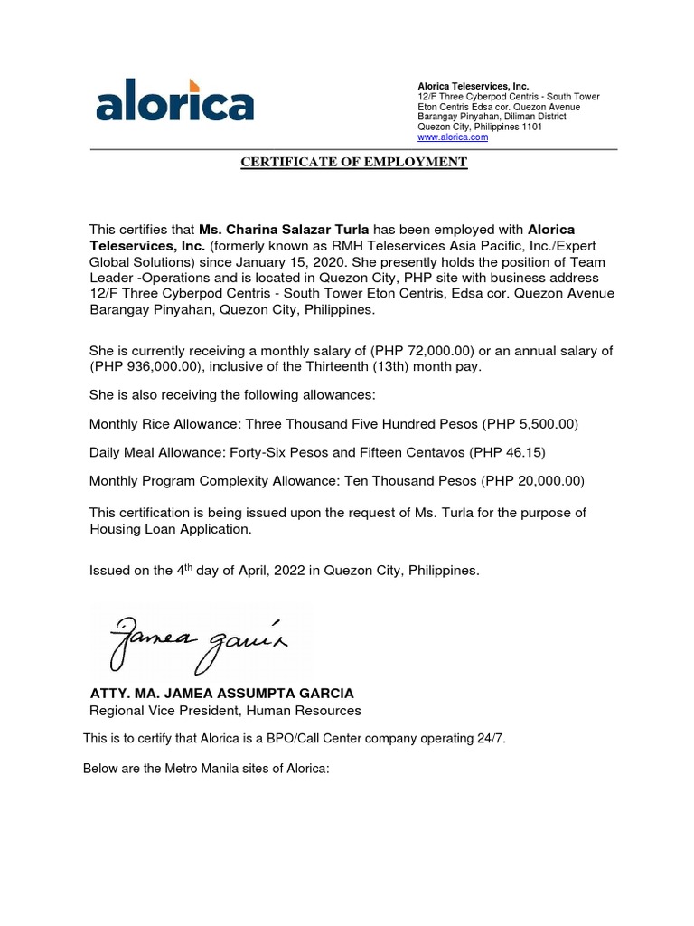 Alorica Employment Certificate | PDF