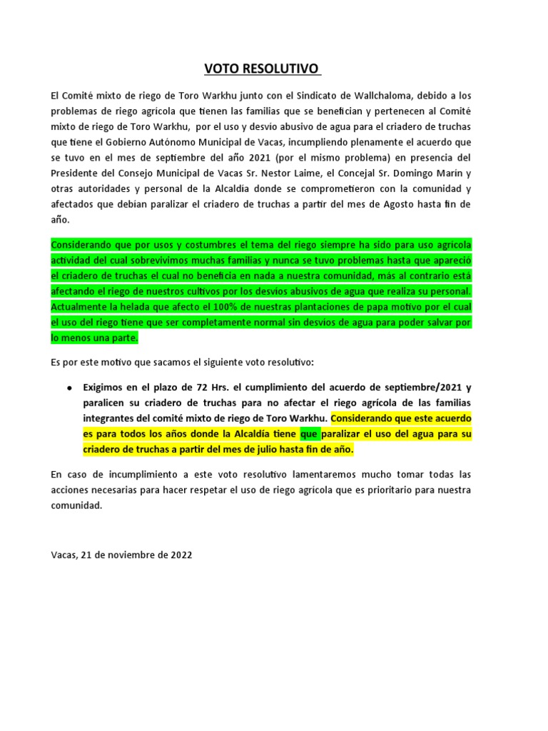 Voto Resolutivo del Comité de Toro Warkhu | PDF