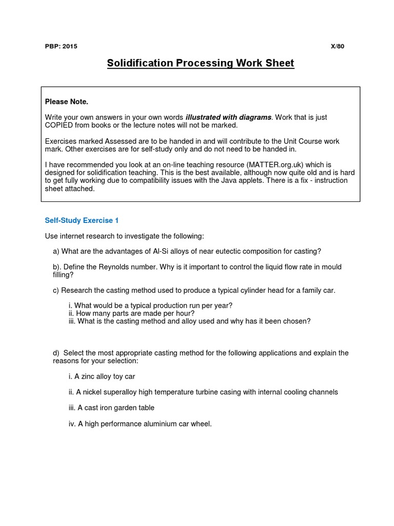 Solidification Processing Work Sheets-2015 | PDF