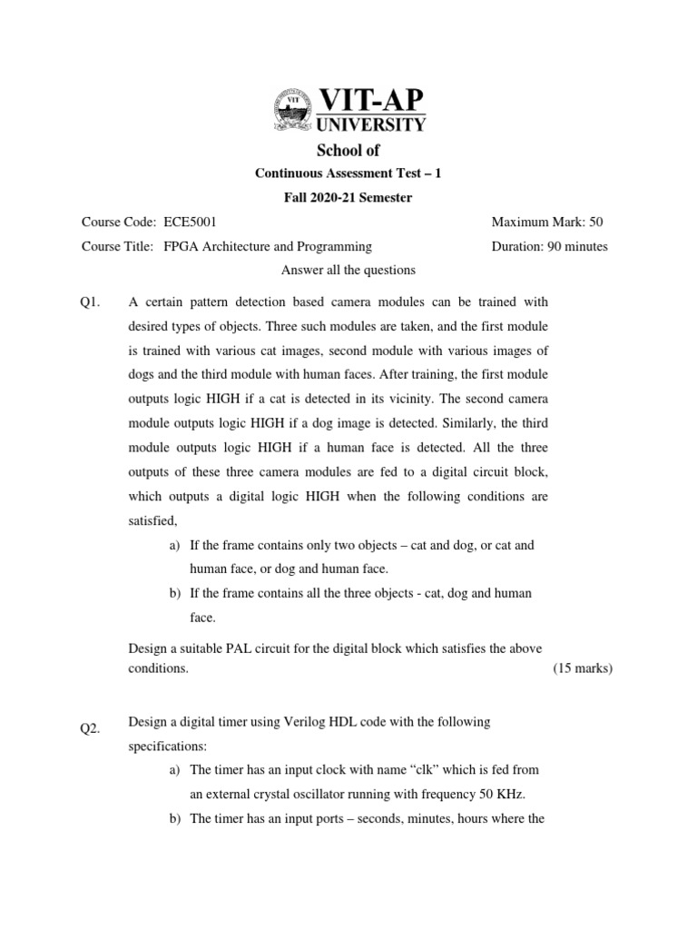 qp2 CAT-1 Fall 2020 ECE5001 FPGA Architecture and Programming N - Purnachand PDF | PDF