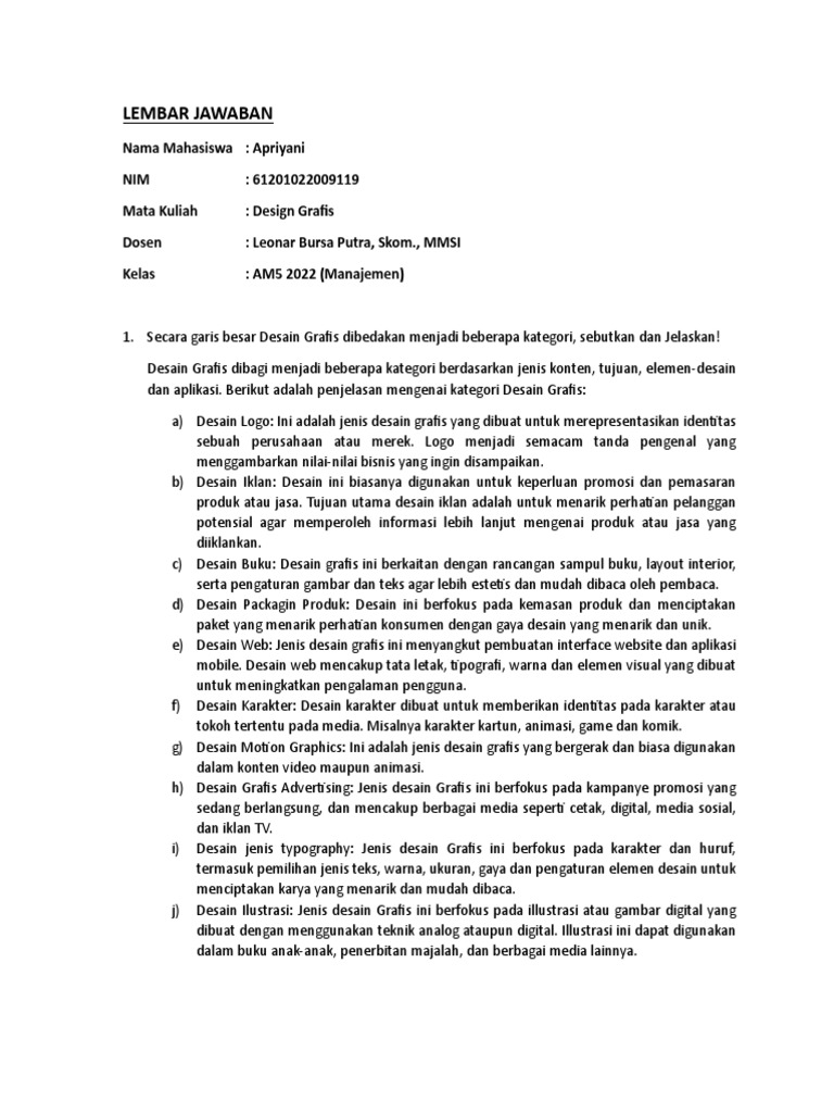 Lembar Jawaban Design Grafis (Apriyani - 61201022009119) PDF | PDF